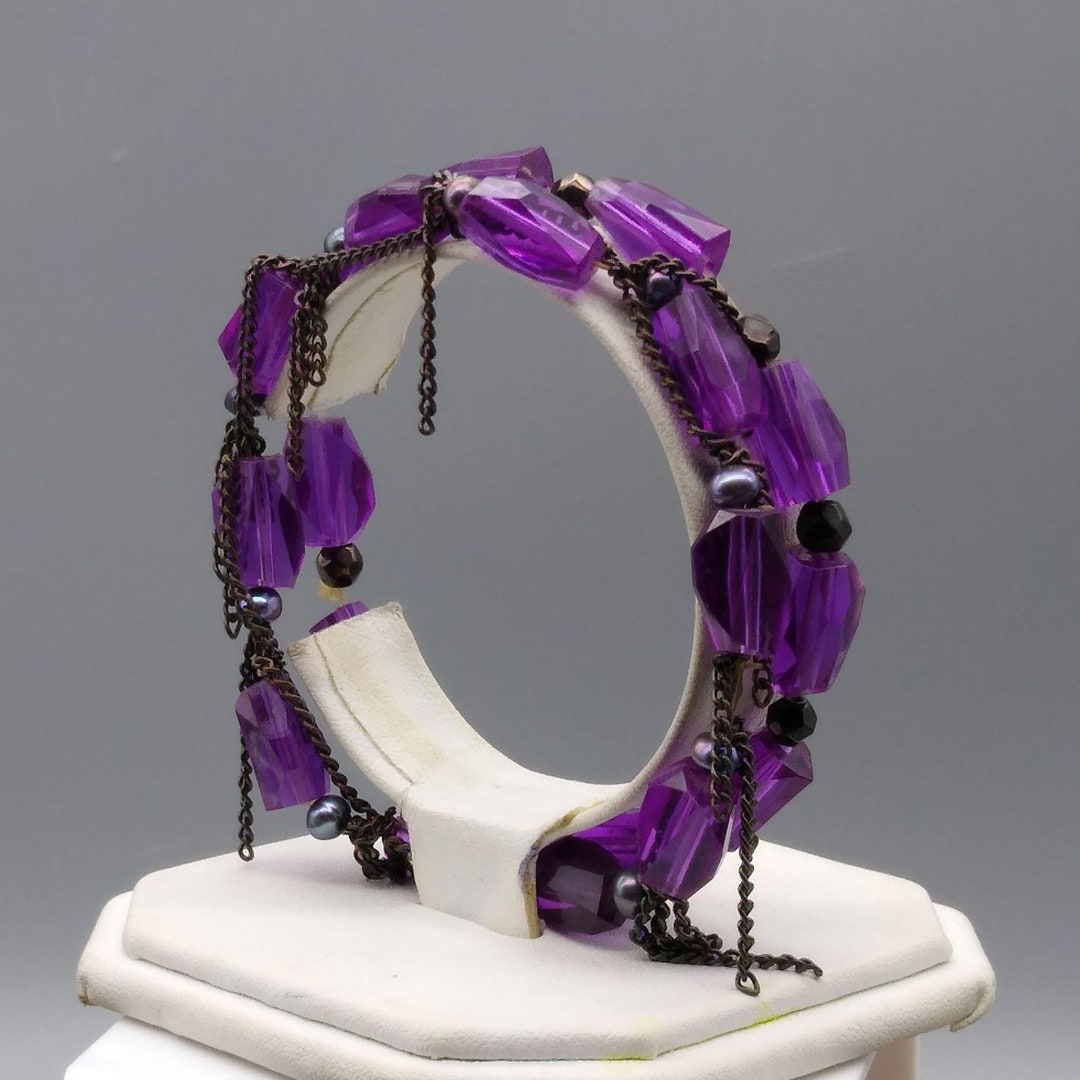 Purple and Black Goth Bracelet Lot, 2 Beaded Stretch Bangles to Wear ...