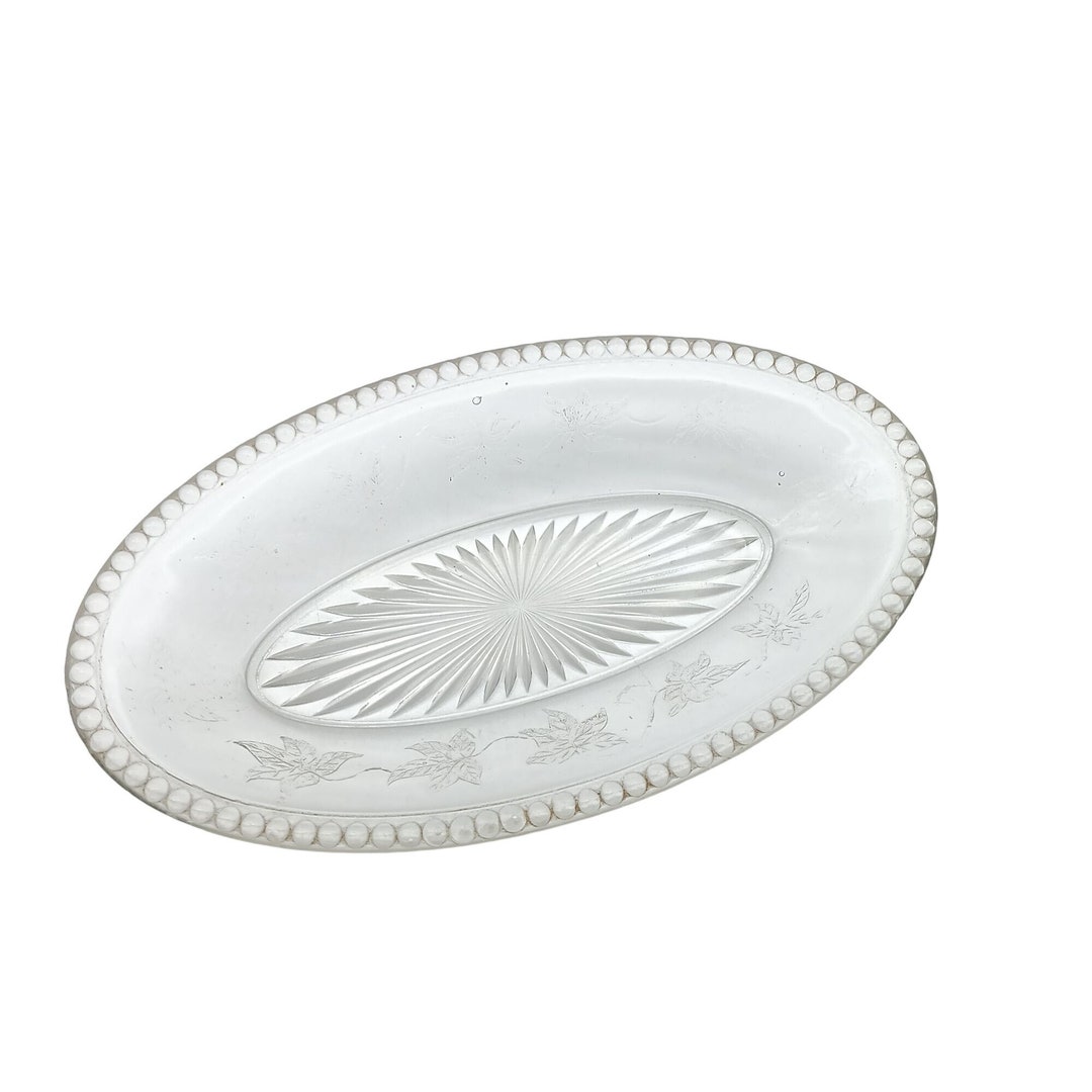 Vintage Oval Glass Serving Dish With Floral Etching & Beaded Rim - Etsy