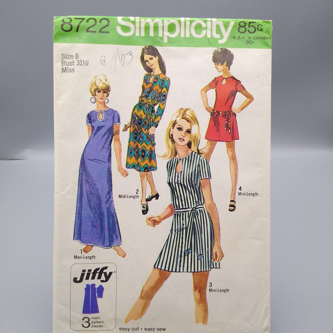 UNCUT Vintage Sewing PATTERN Simplicity 8722, Jiffy Simple to Sew Misses 1970 Keyhole Dress in ...