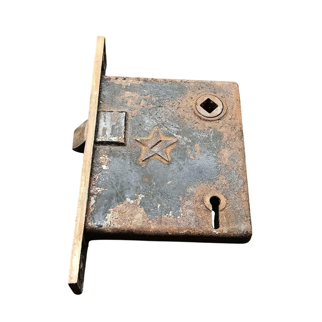 Vintage Cast Iron Mortise Door Lock With Star Design & Brass Faceplate ...