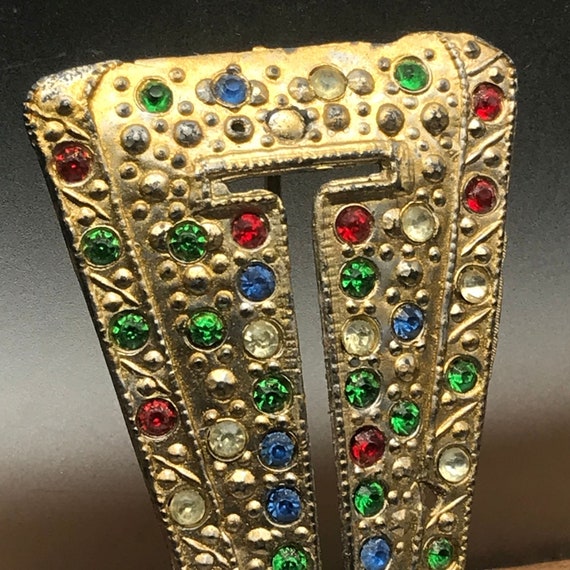 Antique Cut Steel Gilded Triangle Brooch with Colorfu… - Gem