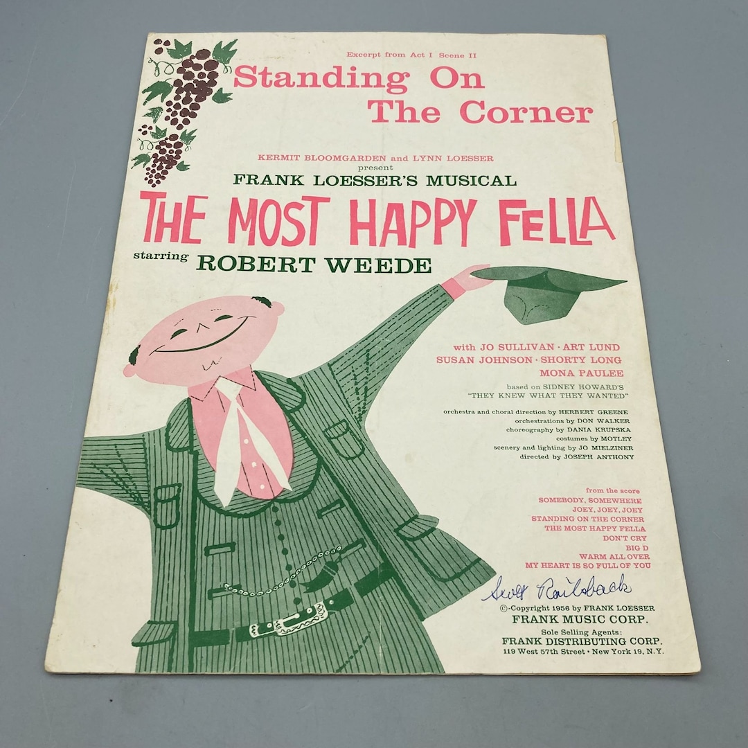 Vintage Sheet Music, Standing on the Corner From Frank Loesser Musical ...