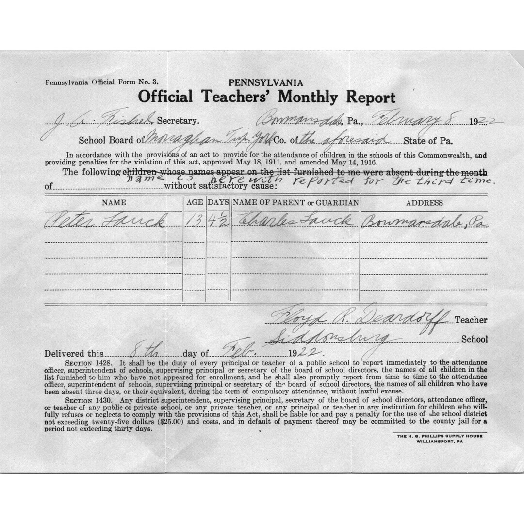 Antique Official Education Form 1922, Teachers Monthly Report Absences ...