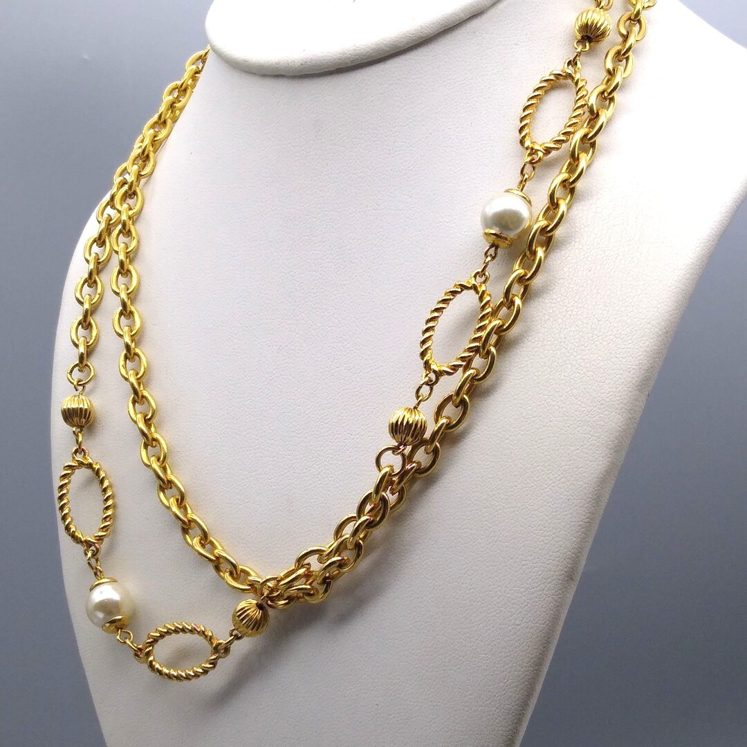 Gorgeous Gold Tone Chain Station Necklace With Faux Pearls and Oval ...