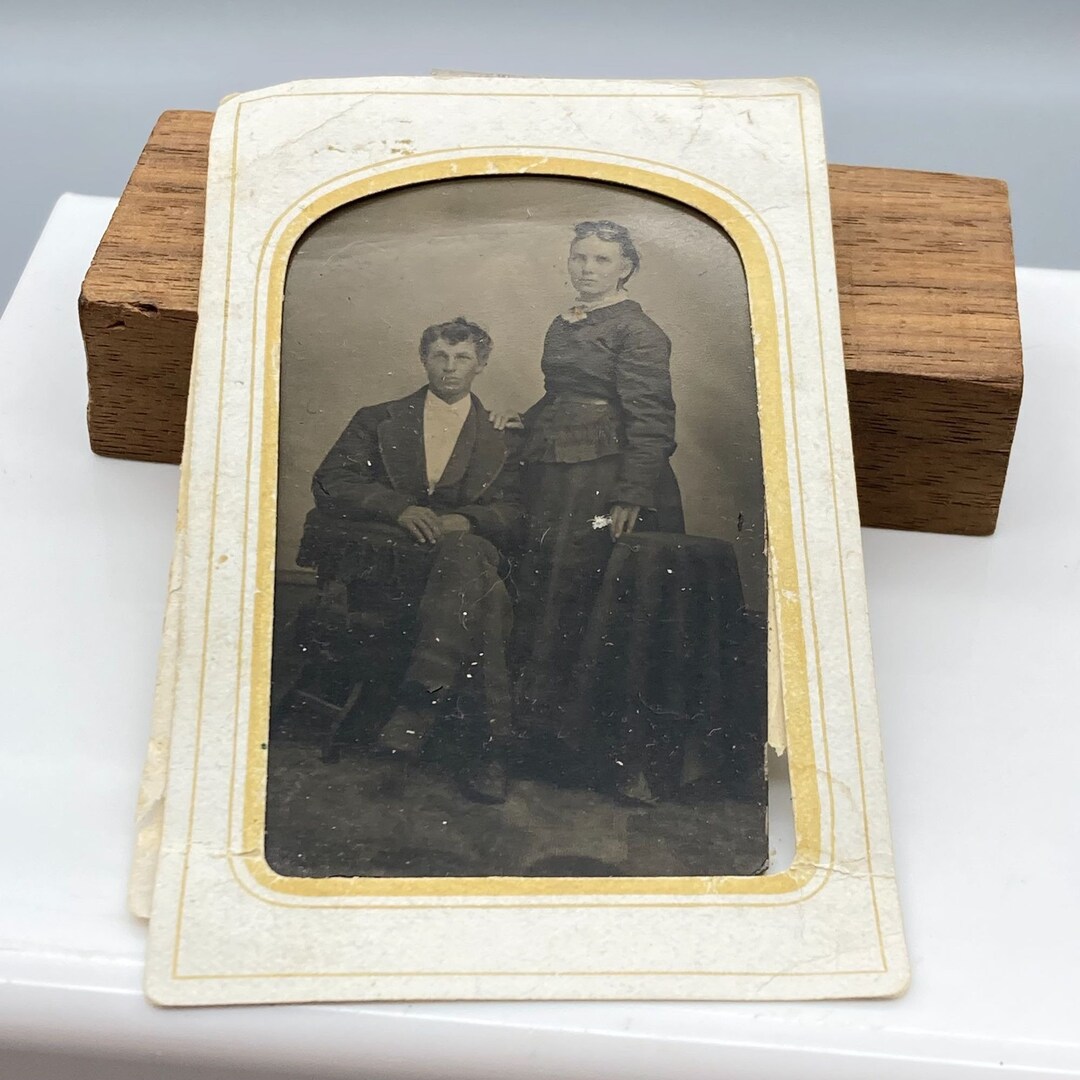 Antique Tintype Photograph in Paper Frame, Ferrotype Husband and Wife ...