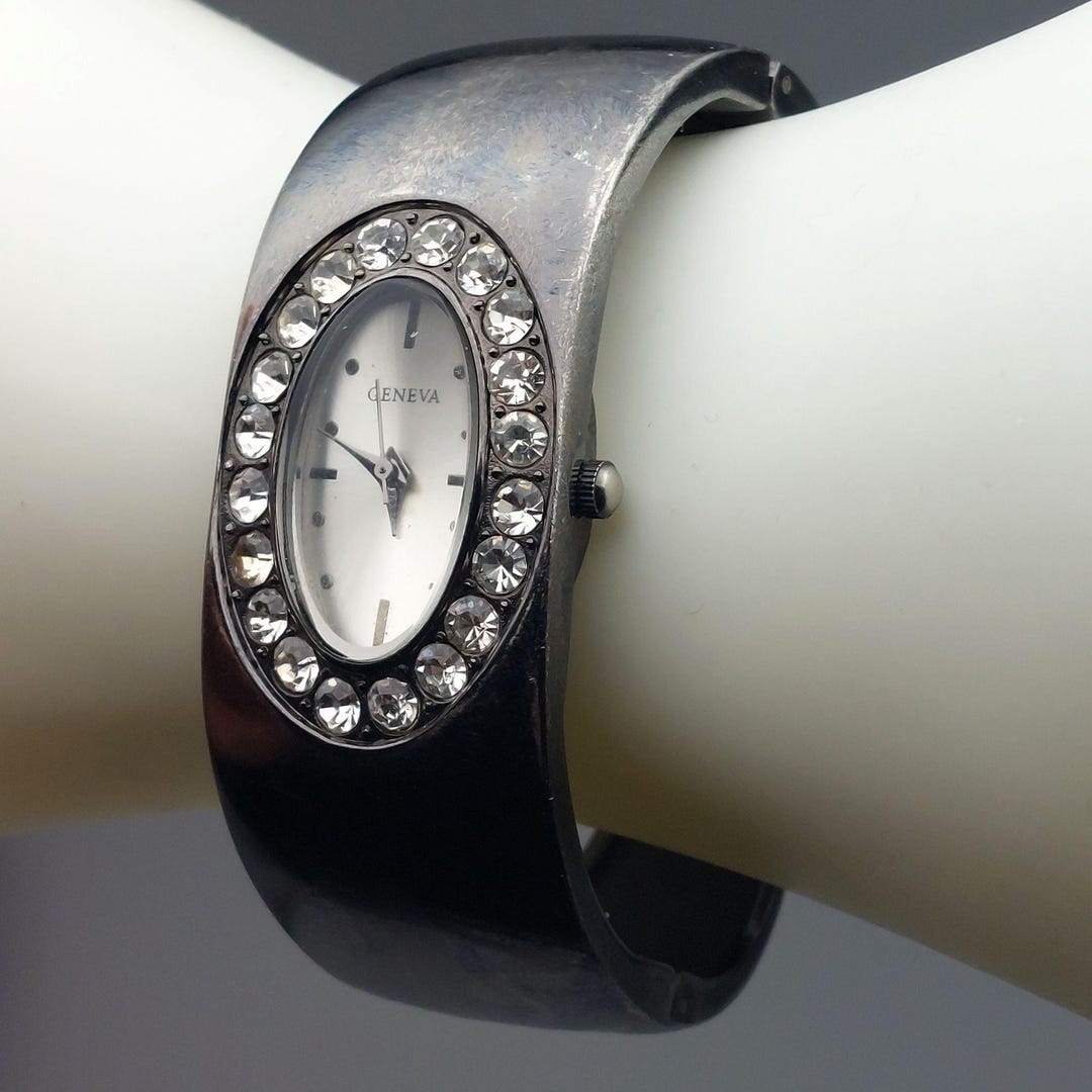 Geneva Womens Silver-tone Hinged Open Cuff Bracelet Watch With Crystal ...