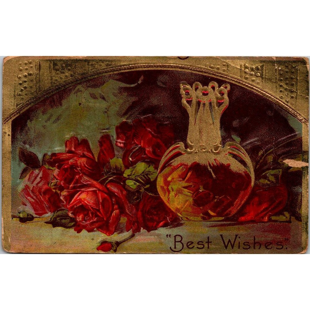 Vintage Embossed "best Wishes" Postcard With Roses & Vase Design - Etsy
