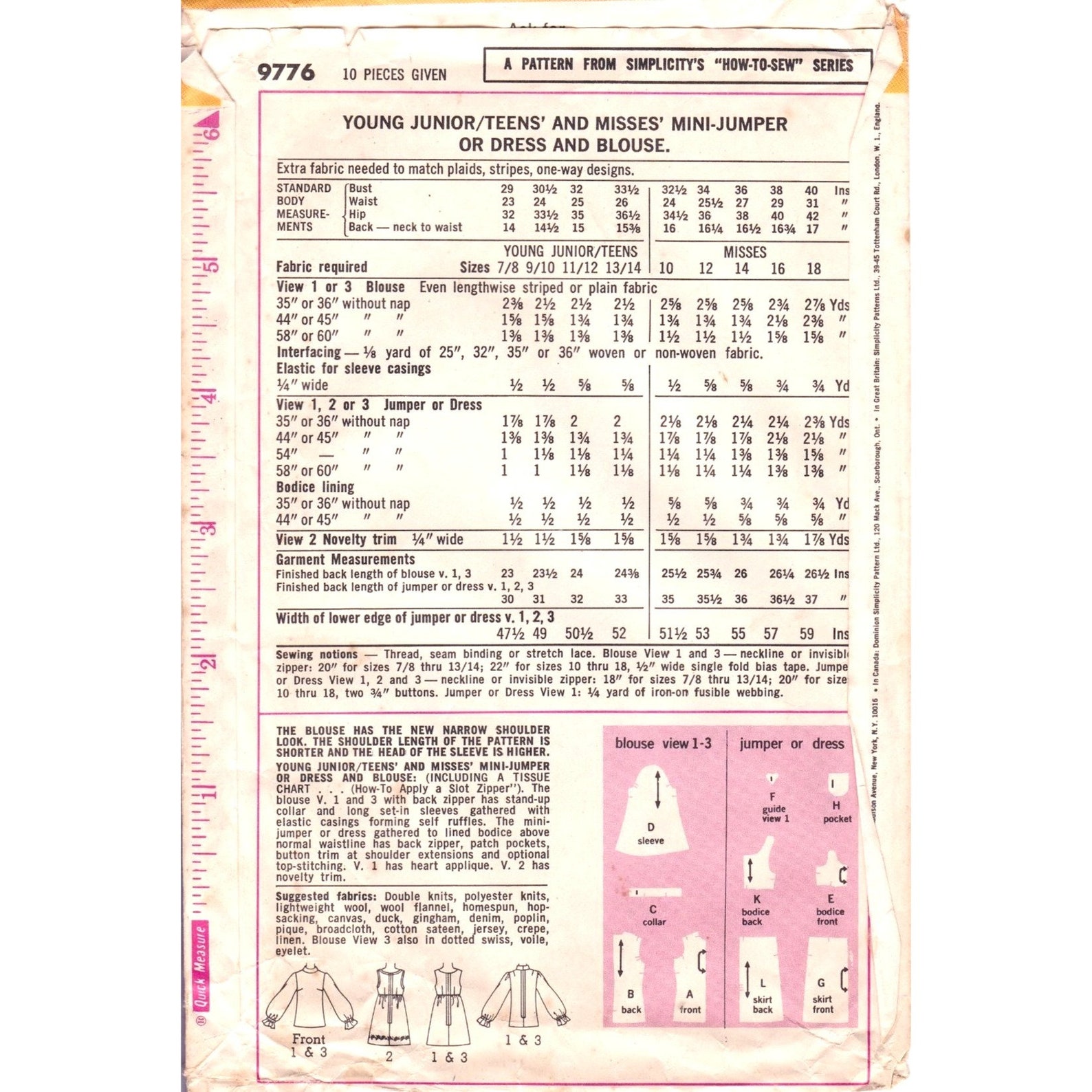 Vintage Sewing PATTERN Simplicity 9776 How to Sew 1971 Young - Etsy