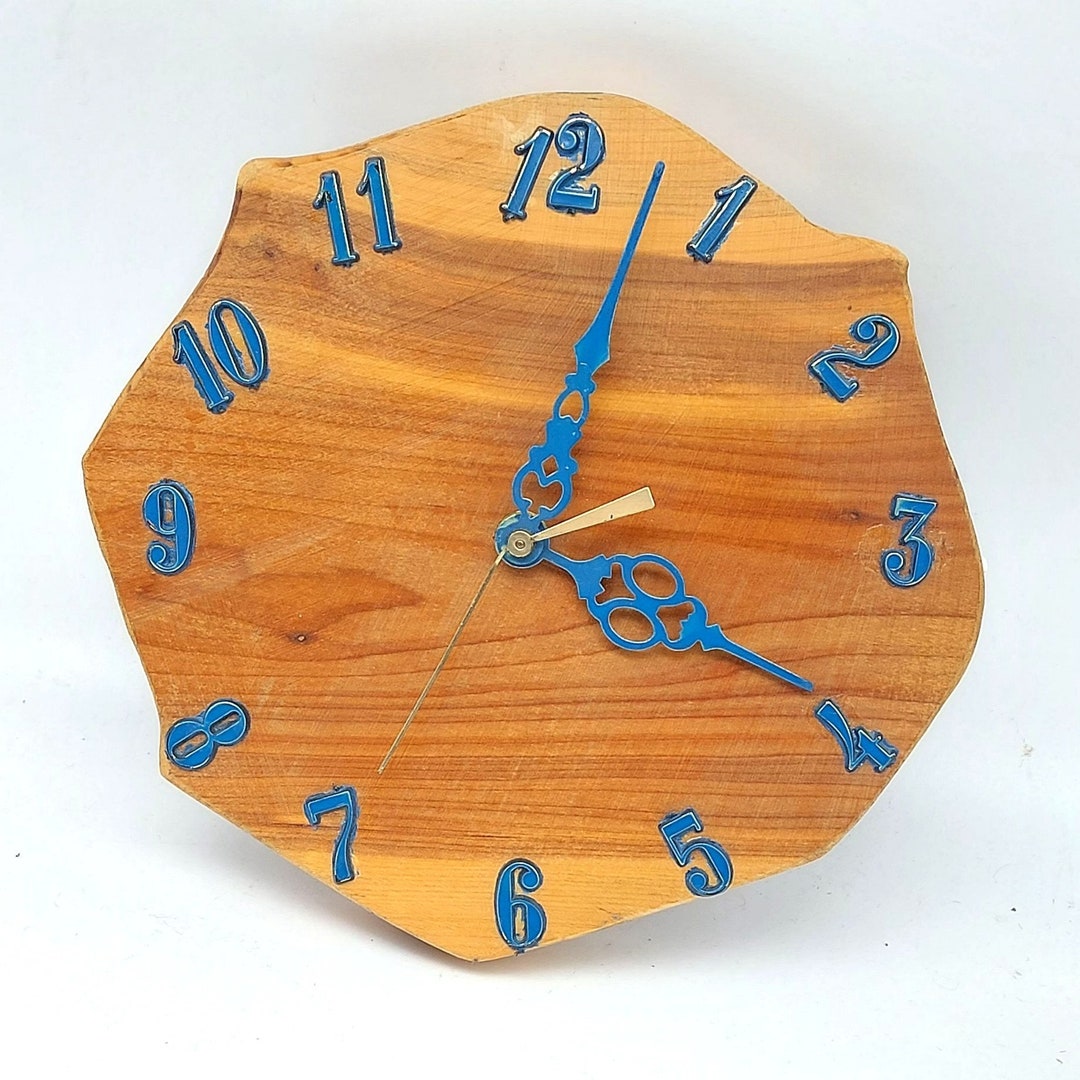 Vintage Rustic Handmade Wall Clock, Wood Block With Blue Metal Numbers ...