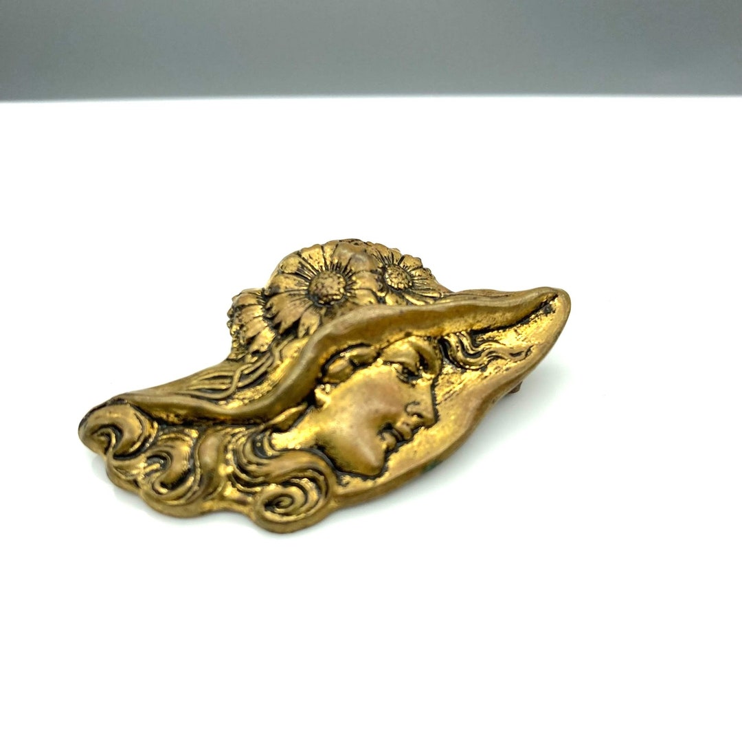 Vintage Brass Repousse Woman Brooch, Art Nouveau Lady in Profile With ...