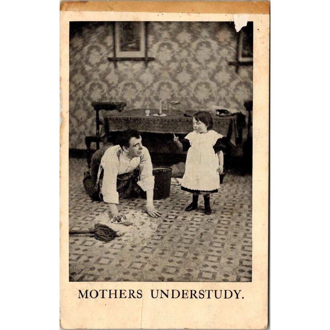 Antique Bamforth Photo Postcard, Mothers Understudy Dad Scrubbing Floor ...