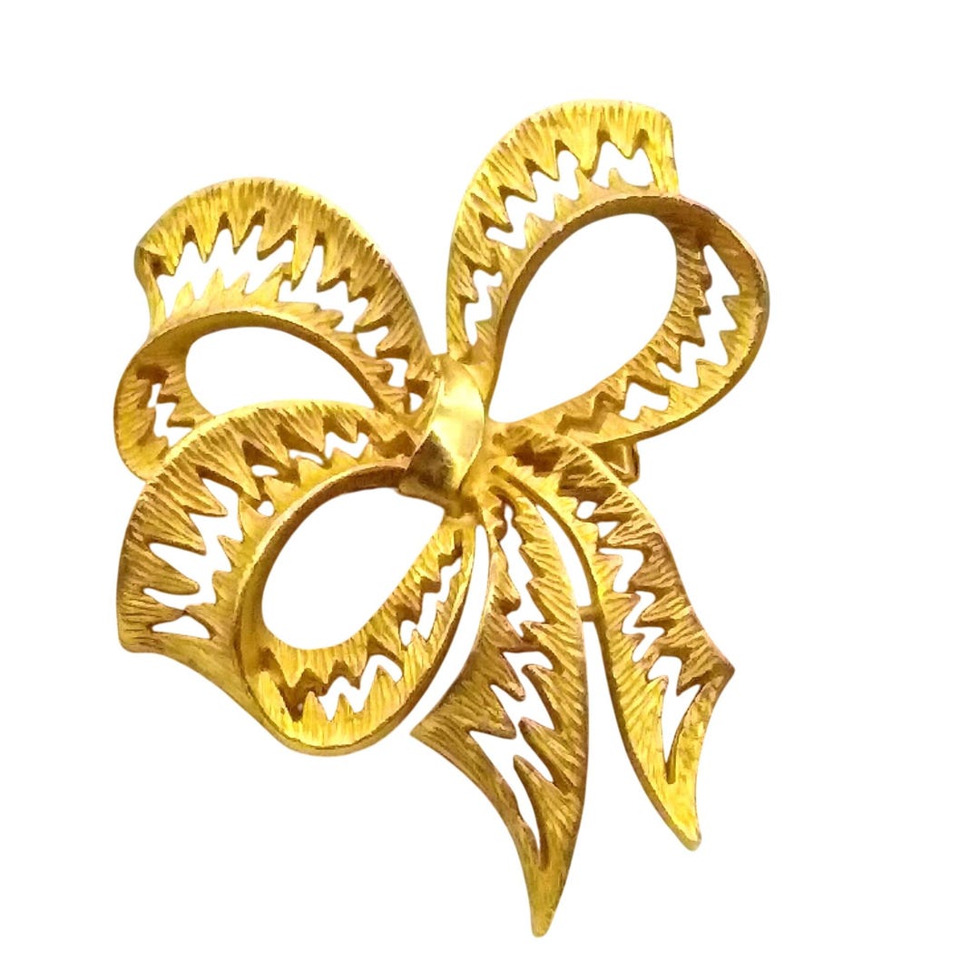 Textured Bow Brooch, Gold Tone Pin With Zigzag Piercings, Elegant ...