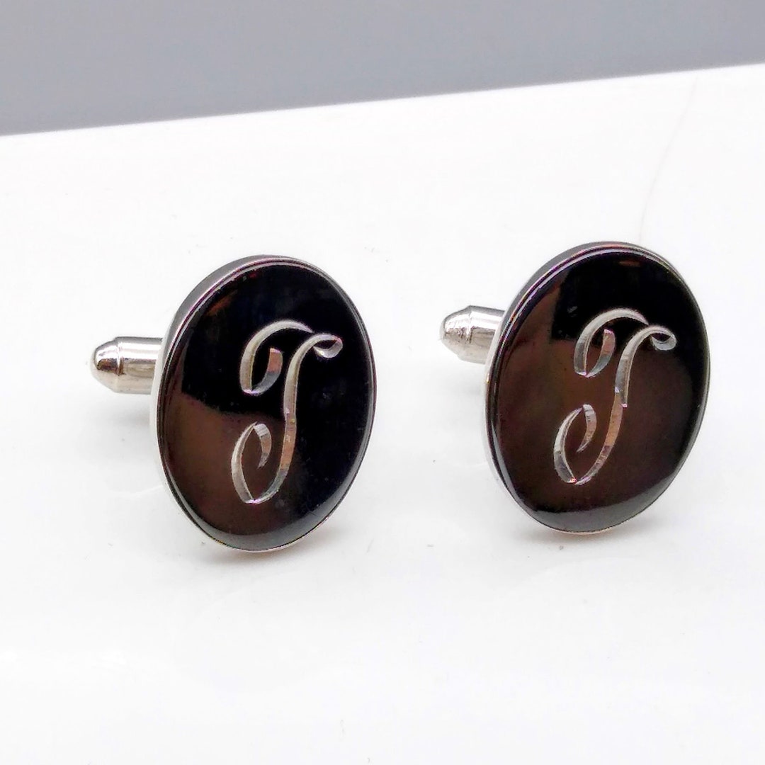Vintage Initial L or T Cuff Links, Silver Tone Hematite Oval With ...