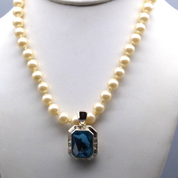 Vintage Avon Pearls with Blue Crystal Enhancer Pendan… - Gem