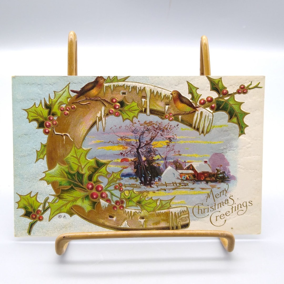 Antique Embossed Merry Christmas Greetings Postcard Horseshoe and Holly Series No 44, Victorian ...