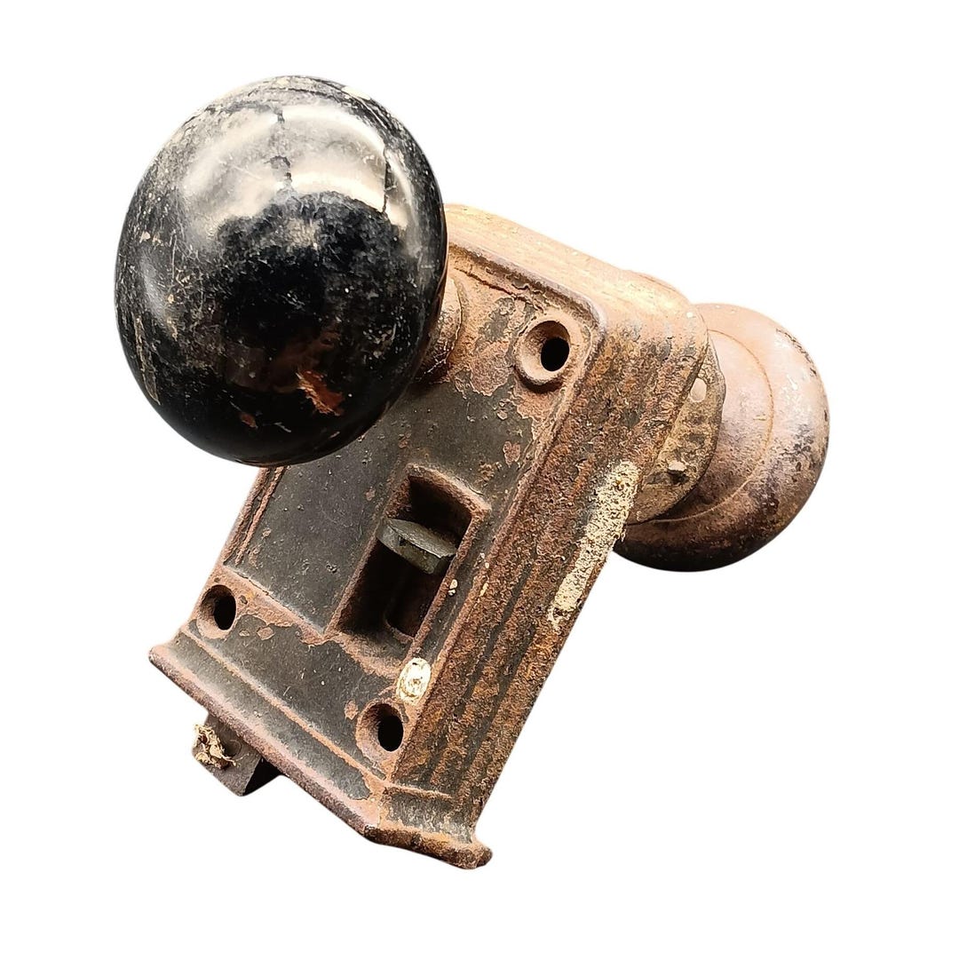 Antique Rusted Door Knob Set With Black Porcelain Knob & Metal Plate ...