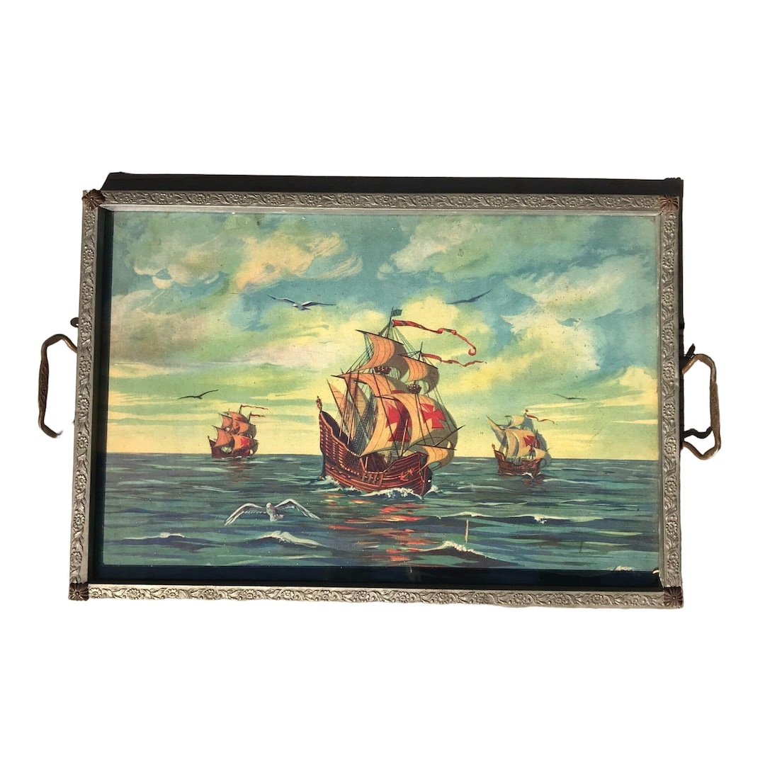 Vintage Metal Serving Tray, Frame With Glass Bottom, Lithograph of ...
