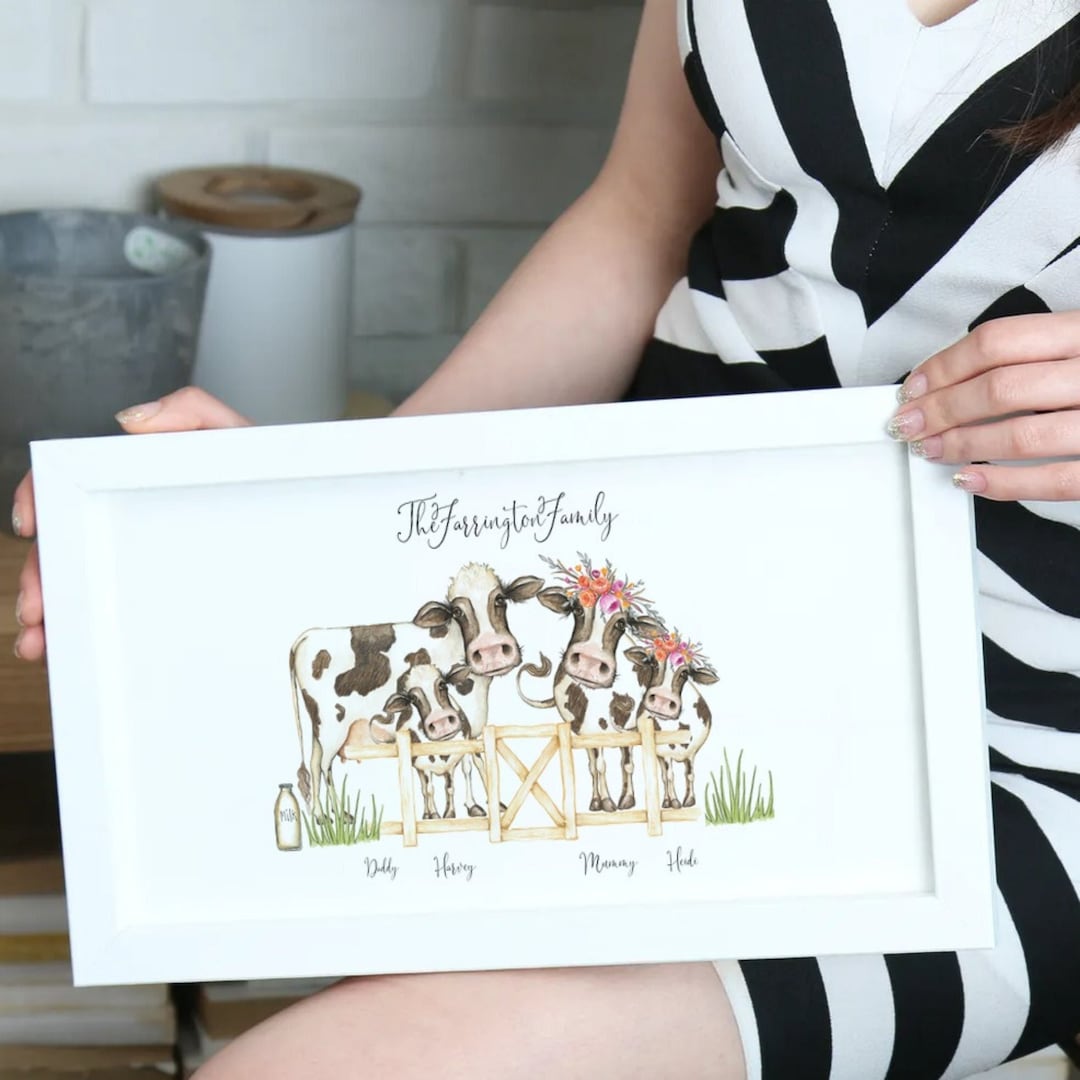 Framed A4 Personalized Cow Family Print, Countryside Farm, Custom ...