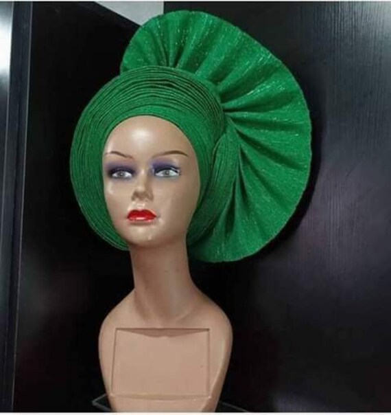 Green Auto Gele African Head Gear Adjustable Head Wrap Aso Oke | Etsy