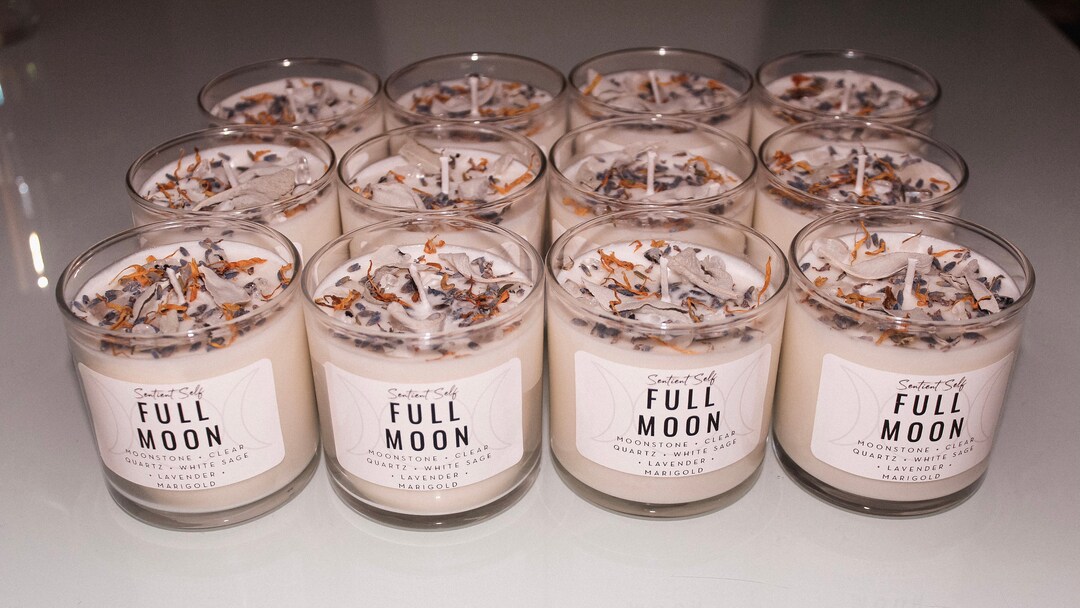 Full Moon Intention Candle: Soy Wax With Crystals & Herbs - Etsy