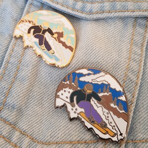 Skier Enamel Pin Badge, Snow Scape, Winter Mountain Scene Lapel Pin ...