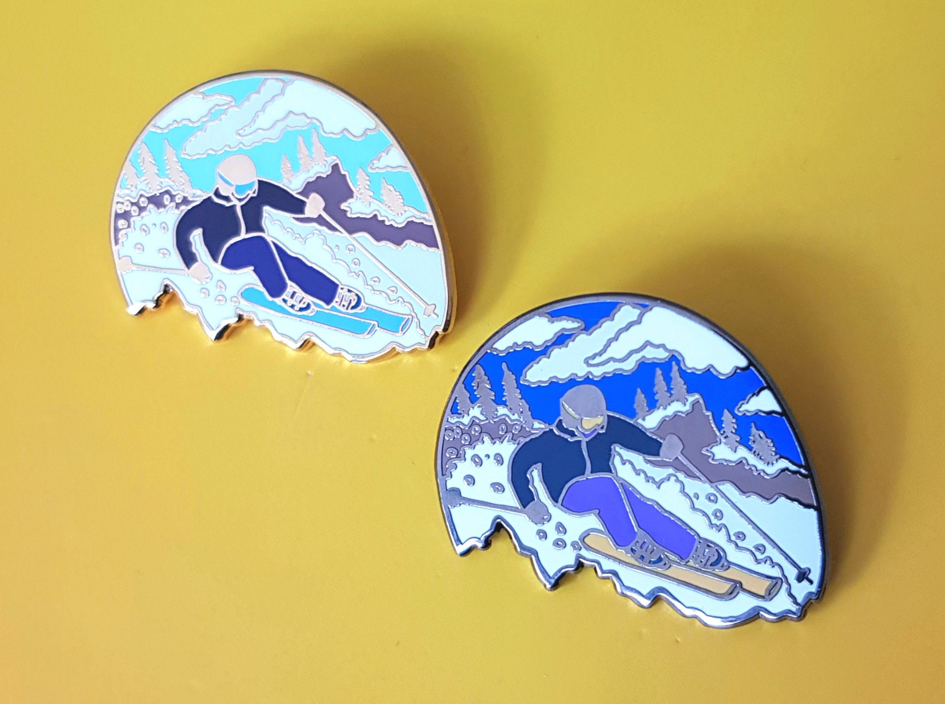 Skier enamel pin badge Snow scape winter mountain scene | Etsy