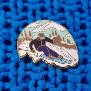 Skier Enamel Pin Badge, Snow Scape, Winter Mountain Scene Lapel Pin ...