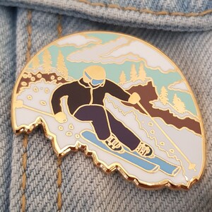 Skier Enamel Pin Badge, Snow Scape, Winter Mountain Scene Lapel Pin ...