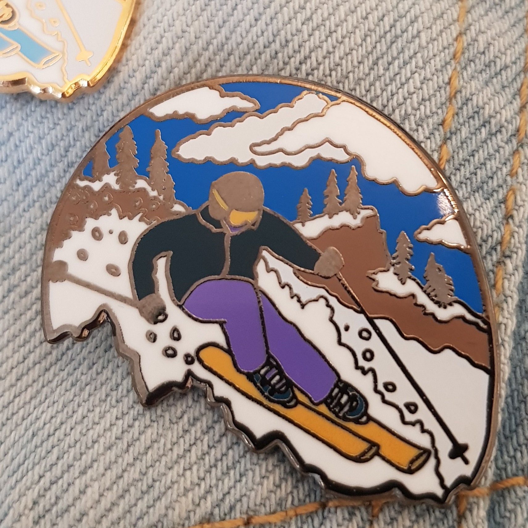 Skier enamel pin badge Snow scape winter mountain scene | Etsy