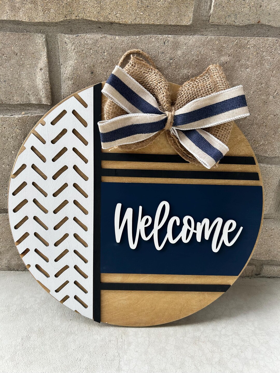 Modern Farmhouse Welcome Sign: Navy & Natural Wood Door Hanger - Etsy