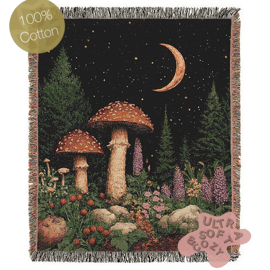 Cottagecore Mushroom Forest Tapestry Blanket, Vintage Floral Woodland ...