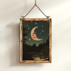 Whimsical Crescent Moon Face Art Print, Vintage Dreamcore Night Sky ...