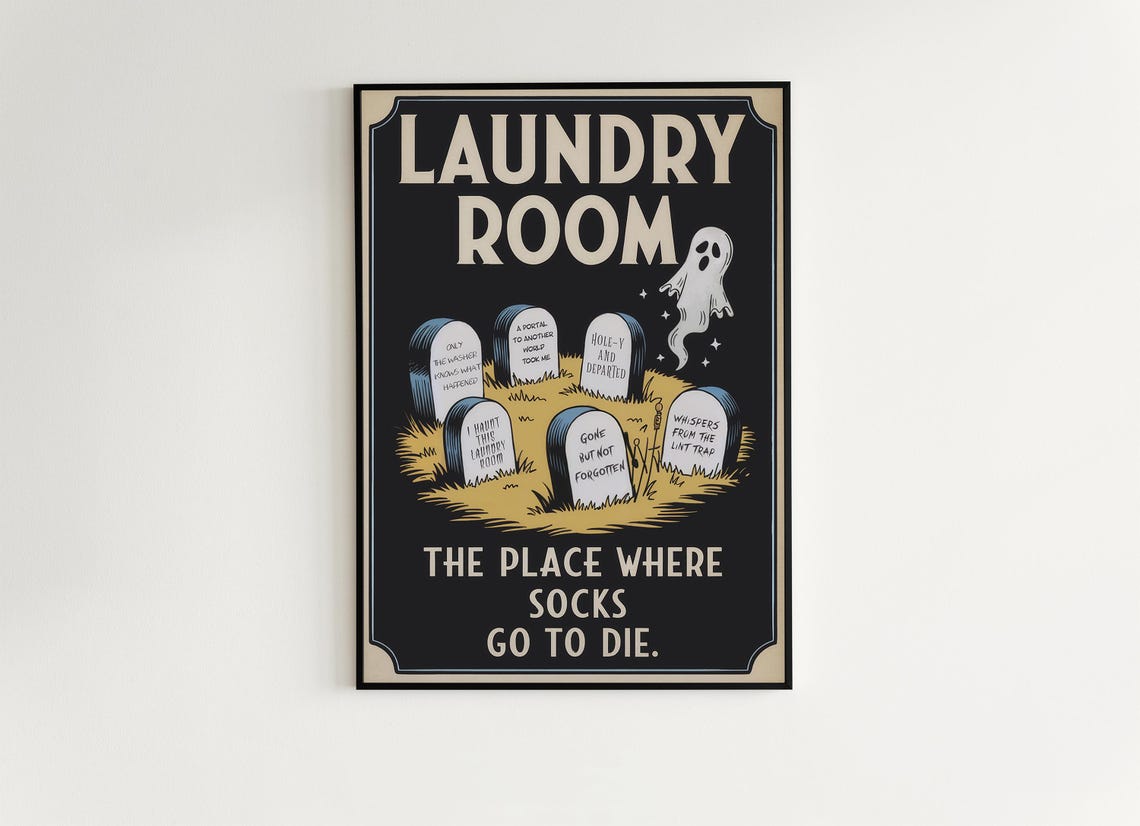 Haunted Laundry Room Poster, Funny Lost Socks Sign, Vintage Style Wall ...