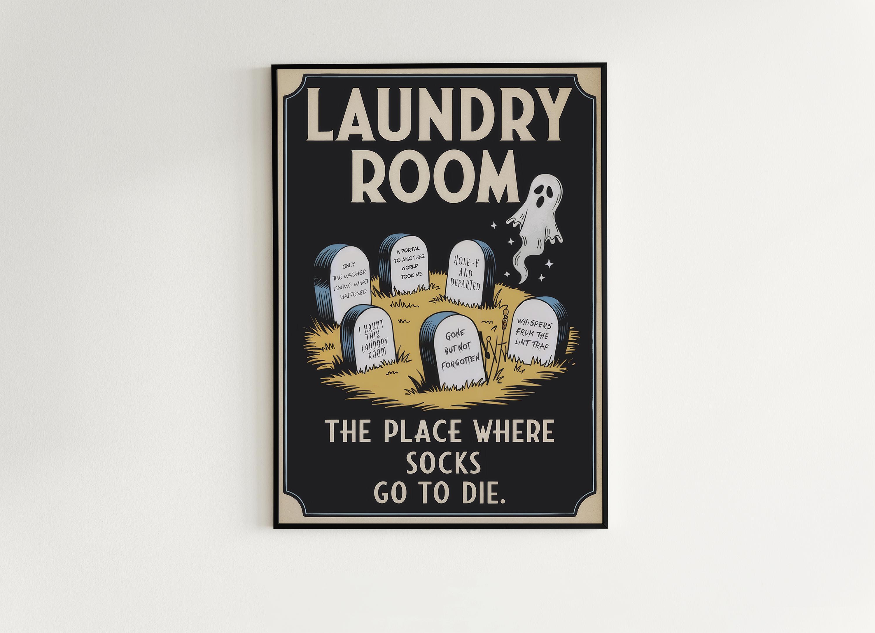 Haunted Laundry Room Poster, Funny Lost Socks Sign, Vintage Style Wall ...