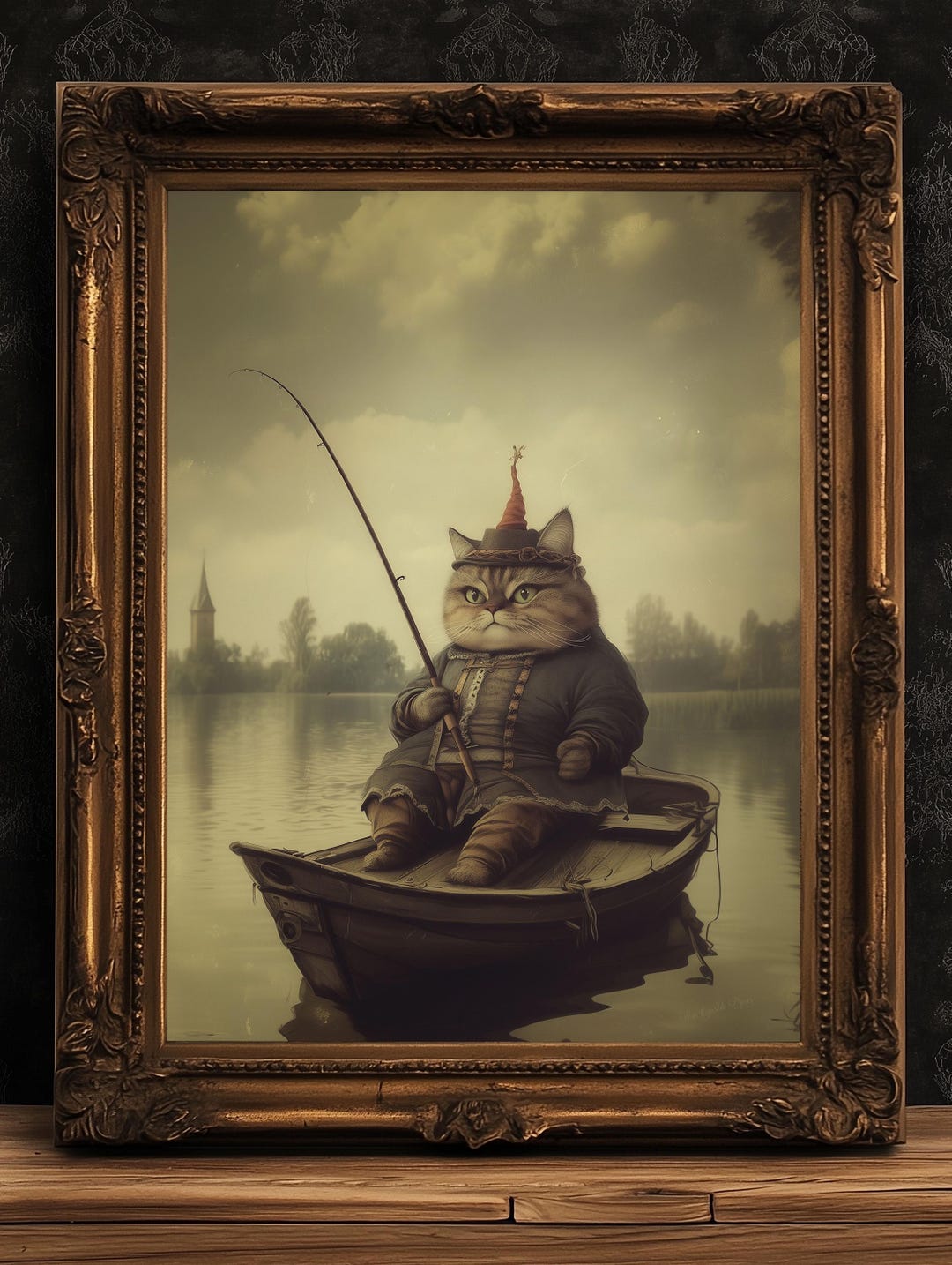 Funny Fishing Cat on Boat, Weird Cat Lover Gift, Fantasy Feline Art ...