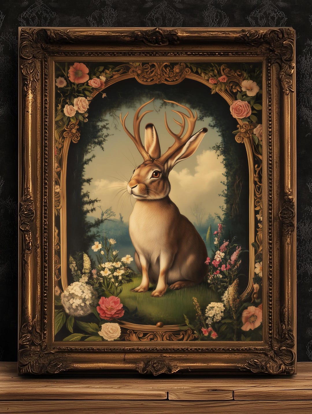 Moody Jackalope Art Print, Surreal Floral Hare Hybrid Wall Decor ...