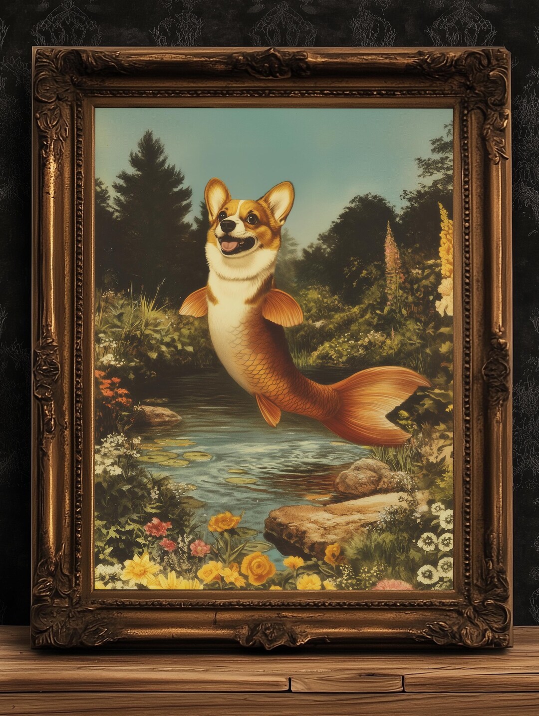 Funny Corgi Mermaid Wall Art Print, Cute Vintage Childrens Book Poster ...