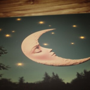 Whimsical Crescent Moon Face Art Print, Vintage Dreamcore Night Sky ...