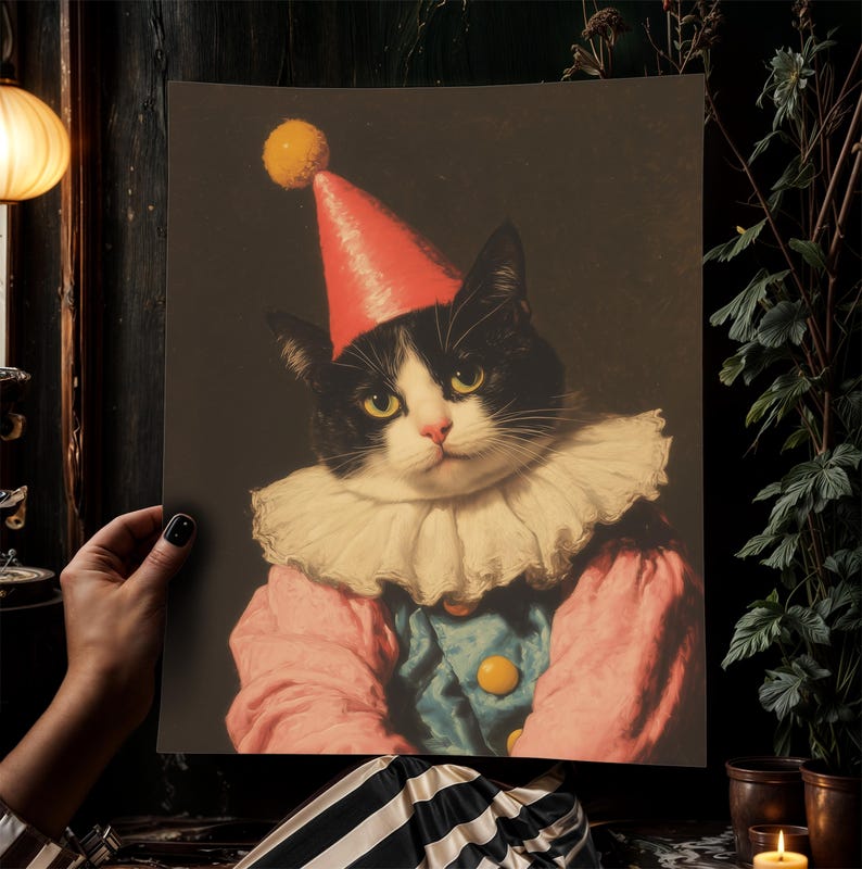 Funny Tuxedo Cat Clown Art Print: Whimsical Animal Decor - Etsy