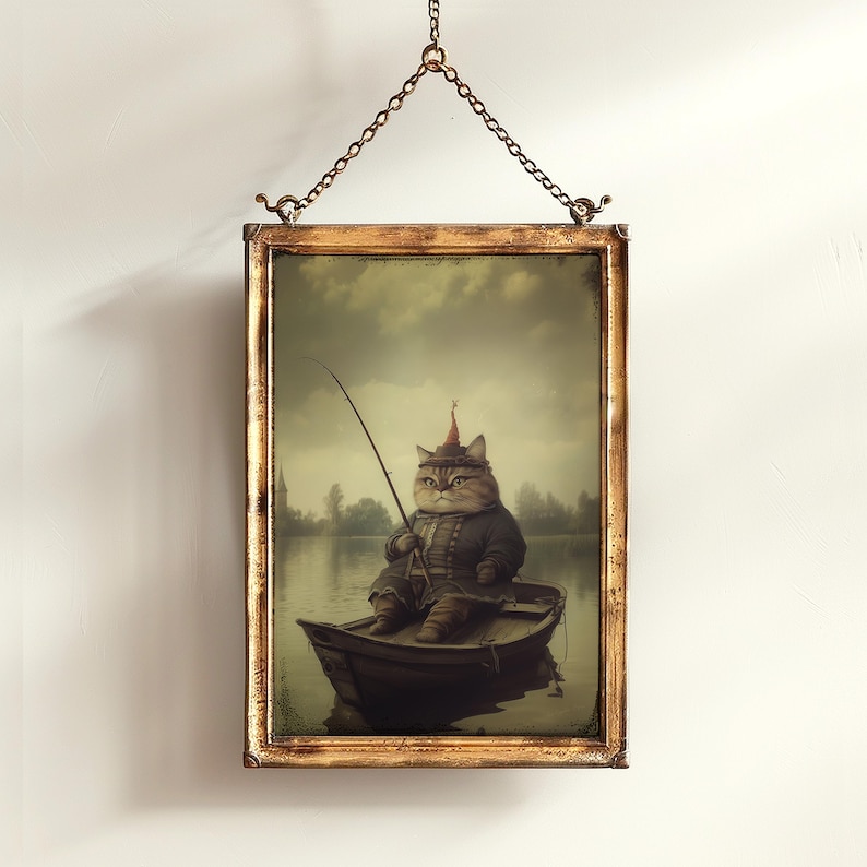 Funny Fishing Cat on Boat, Weird Cat Lover Gift, Fantasy Feline Art ...