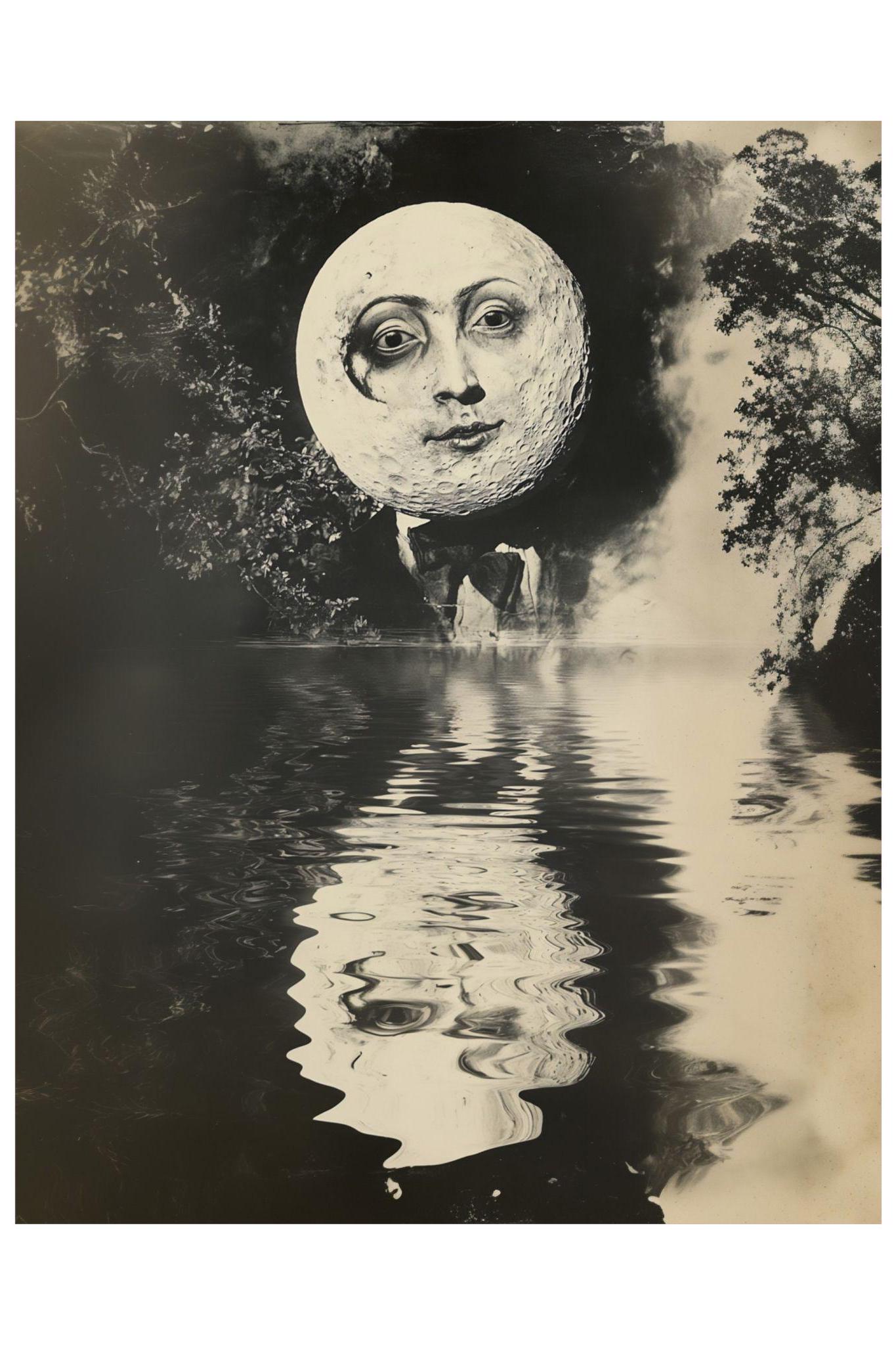 Surreal Moon Face Reflection Art Print Vintage Style Celestial Portrait ...