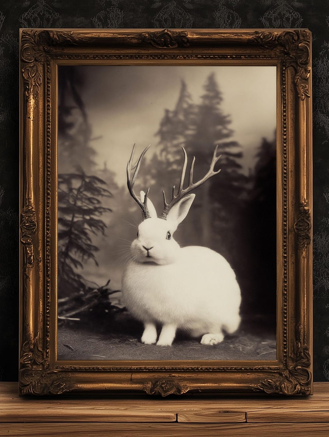 Vintage Jackalope Art Print, Surreal Hare Hybrid Wall Decor, Mystical ...