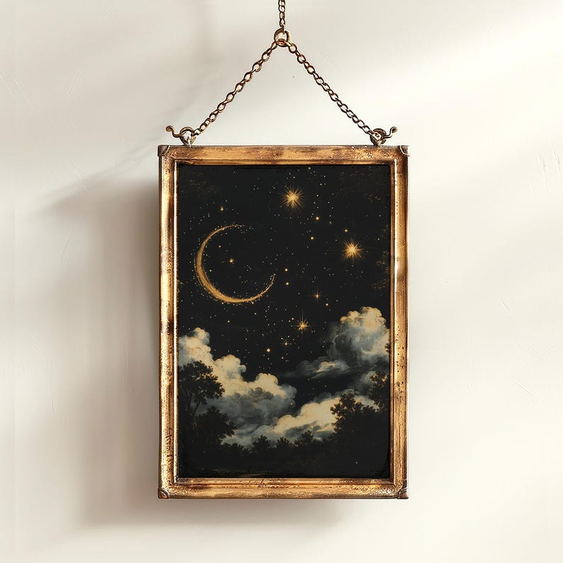 Moon and Stars Celestial Wall Art, Whimsigoth Moon Phase Poster, Dark ...