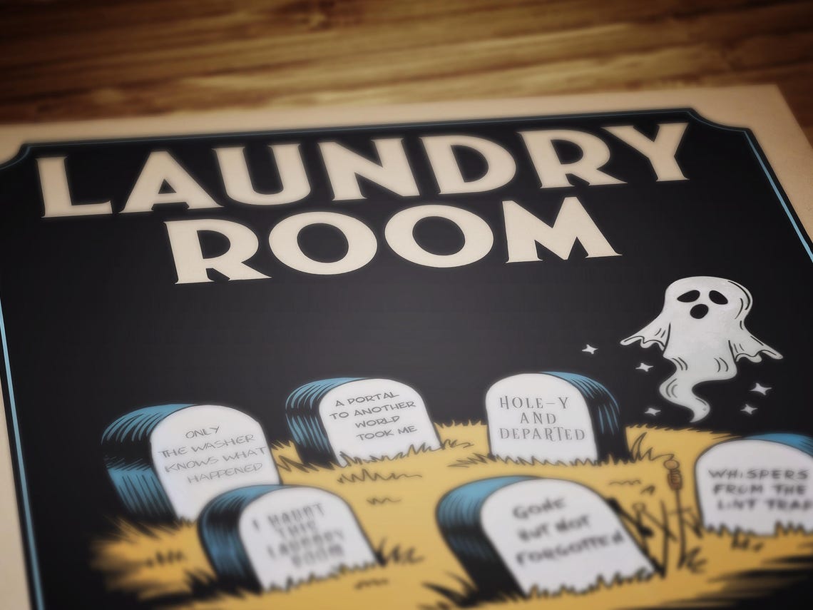 Haunted Laundry Room Poster, Funny Lost Socks Sign, Vintage Style Wall ...