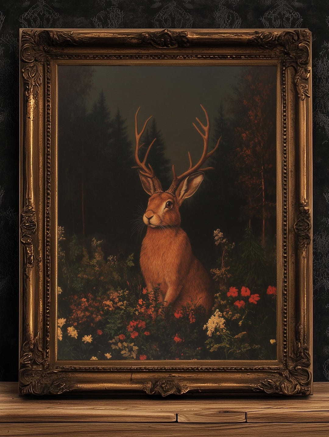 Floral Moody Jackalope Art Print, Surreal Hare Hybrid Wall Decor ...