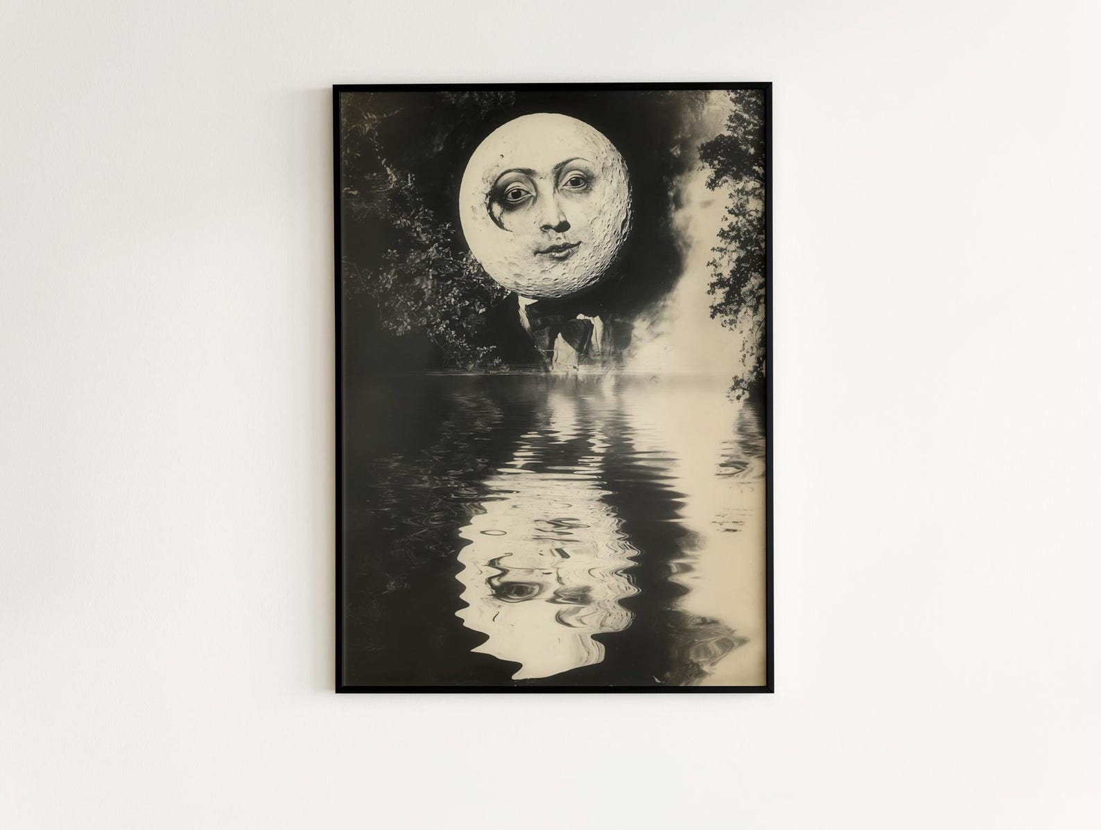 Surreal Moon Face Reflection Art Print Vintage Style Celestial Portrait ...