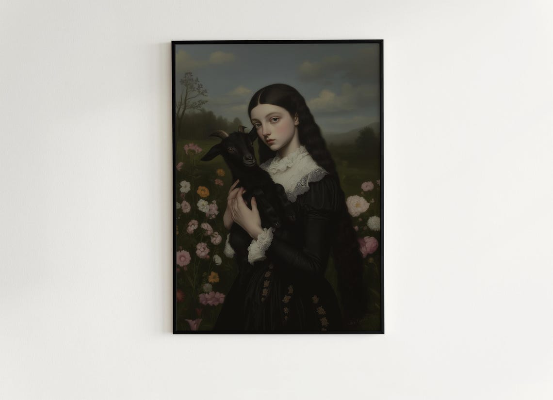 Gothic Woman Holding Black Goat, Baby Black Phillip, Whimsigoth Dark ...