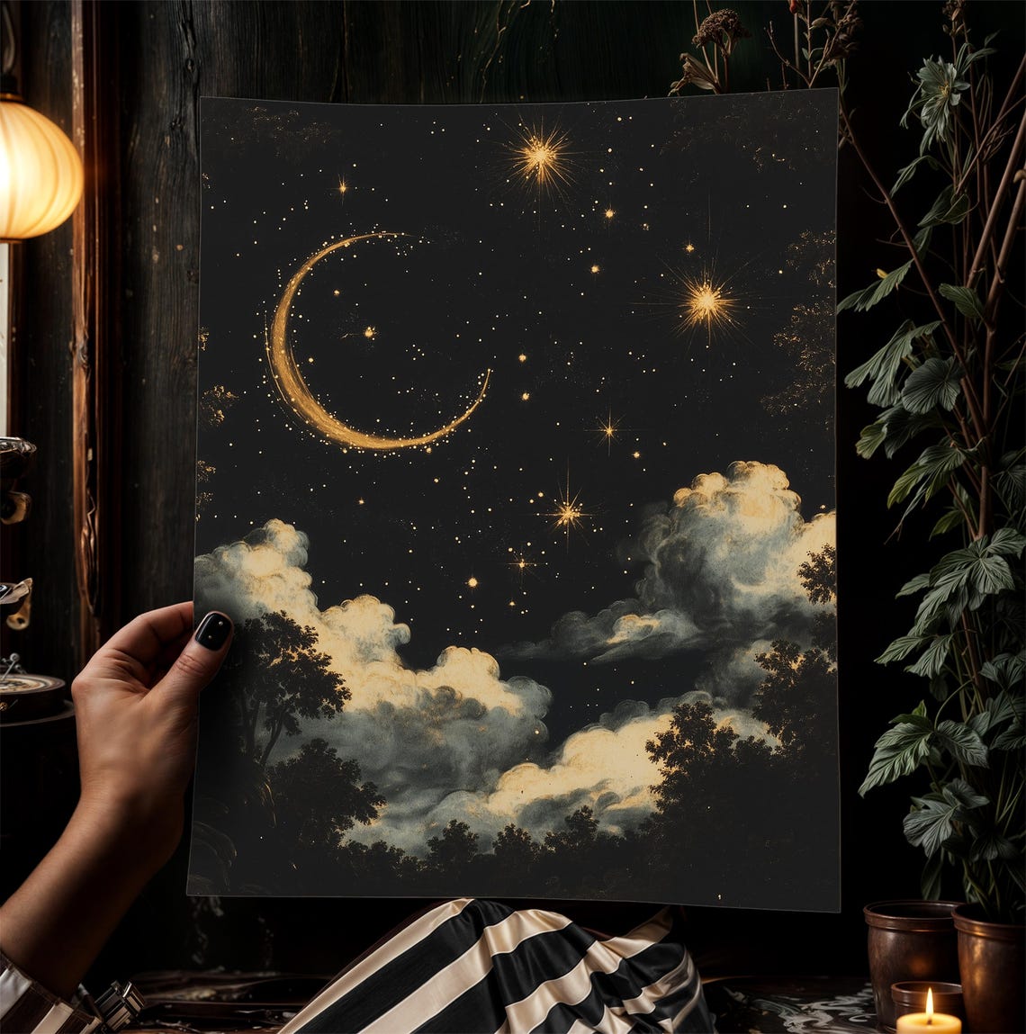 Moon and Stars Celestial Wall Art, Whimsigoth Moon Phase Poster, Dark ...