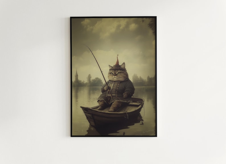 Funny Fishing Cat on Boat, Weird Cat Lover Gift, Fantasy Feline Art ...