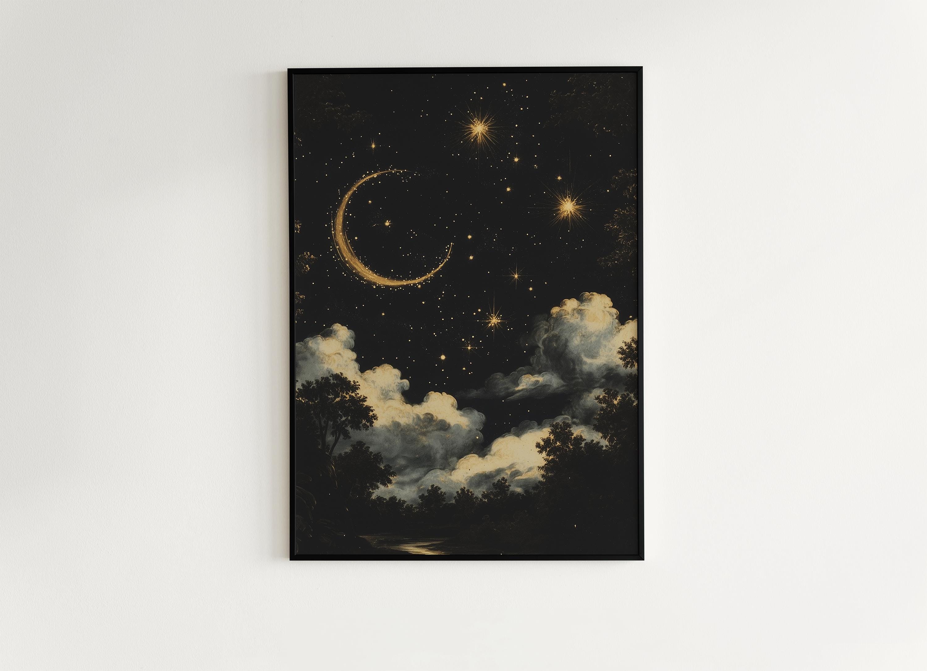 Moon and Stars Celestial Wall Art, Whimsigoth Moon Phase Poster, Dark ...